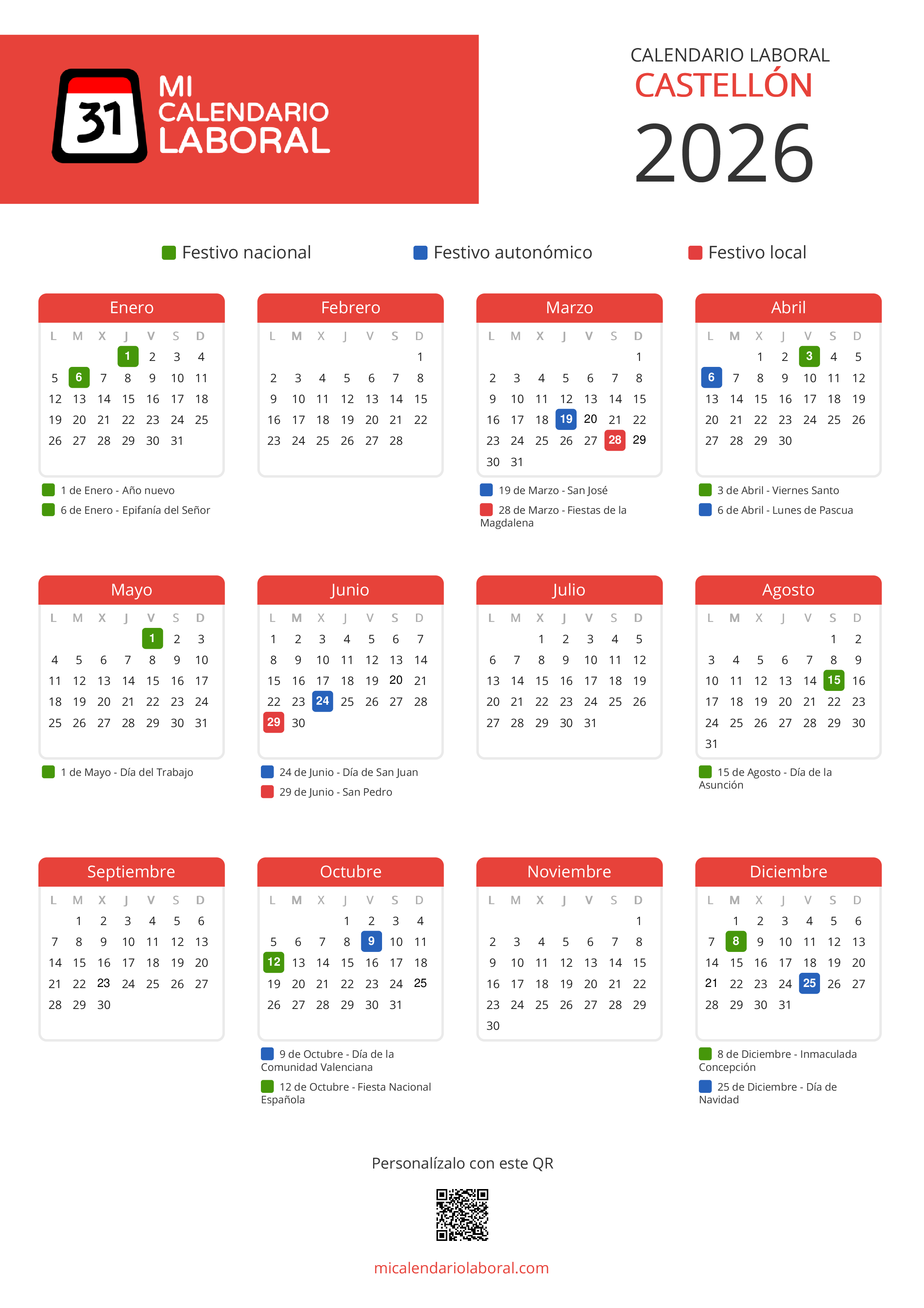 Calendario Laboral de Castellón 2026 - Días festivos